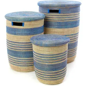 AFRICAN MODERN Set Of Three Ebb & Flow Striped Hampers - Blue