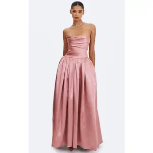MISS CIRCLE NEW YORK Satin Strapless Gathered Maxi Dress - Coral