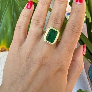 GEMMA AZZURRO Gold Plated Simulated Emerald Signet Ring