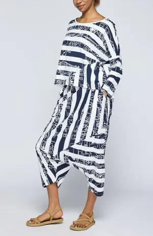 LUUKAA Astraea Striped Cotton Jersey Blouse - Navy