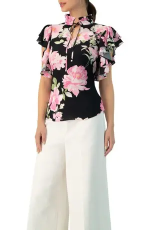 IVONNE Floral Print Blouse With Ruffle Sleeves - Black