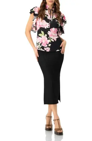 IVONNE Floral Print Blouse With Ruffle Sleeves - Black
