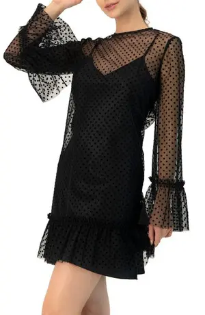 IVONNE Flocked Polka Dot Short Dress