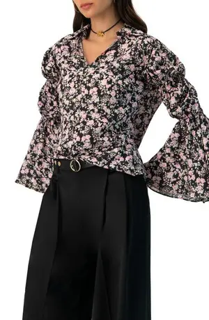 IVONNE Floral Print Long Sleeve Blouse - Black