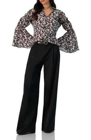 IVONNE Floral Print Long Sleeve Blouse - Black