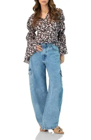 IVONNE Floral Print Long Sleeve Blouse - Black