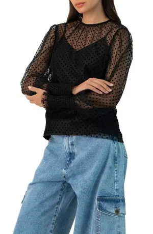 IVONNE Polka Dot Smock Sleeve Blouse - Black