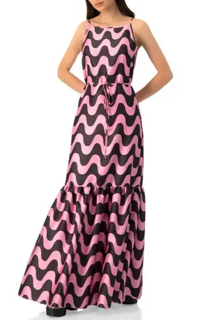 IVONNE Sleeveless Wave Print Maxi Dress