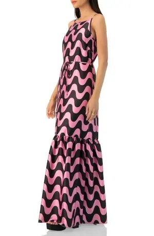 IVONNE Sleeveless Wave Print Maxi Dress