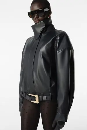 Revolve Oversized Leather Jacket With Padded Shoulders And Belt