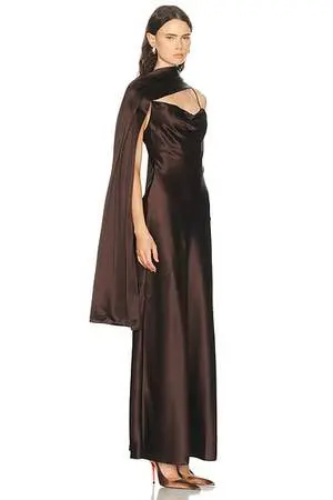 NICHOLAS Nelia Maxi Cape Slip Dress - Espresso
