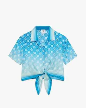 Casablanca Gradient Monogram Knotted Cropped Silk Shirt - Blue