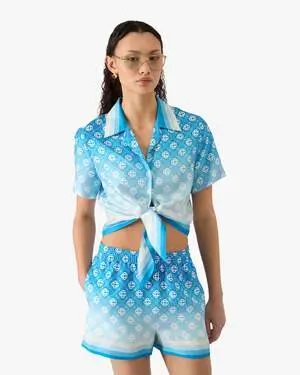 Casablanca Gradient Monogram Knotted Cropped Silk Shirt - Blue