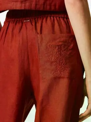 TWINSET Wide Leg Linen Trousers With Embroidered Detail