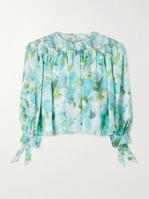 Chloé Cropped Smocked Floral-print Silk-jacquard Blouse - Blue