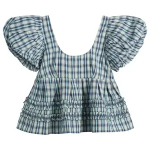 DAMSON MADDER Summer Joy Checkered Puff Sleeve Blouse