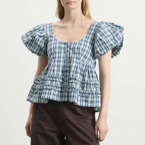 DAMSON MADDER Summer Joy Checkered Puff Sleeve Blouse