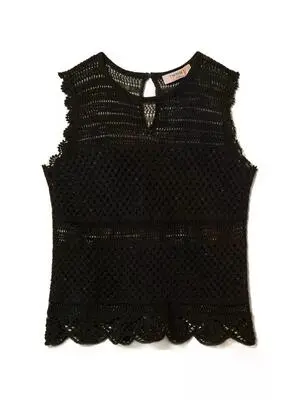 TWINSET Sleeveless Openwork Knit Top With Rhinestones