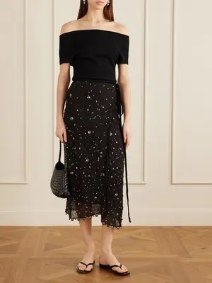 Staud Mer Embellished Chiffon Midi Wrap Skirt
