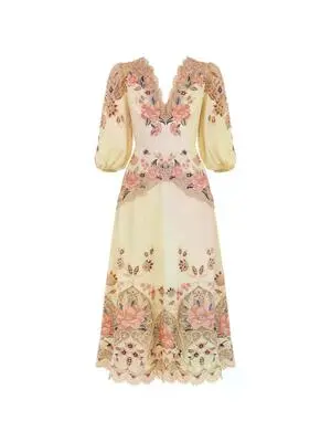 Farm Rio Floral-embroidered Midi Linen Dress - Neutrals