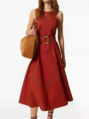 TWINSET Long Dress With Broderie Anglaise - Red