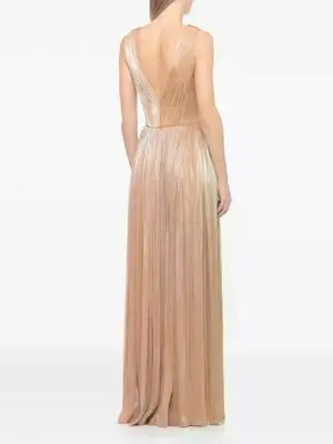 Costarellos Pleated V-neck Gown - Neutrals