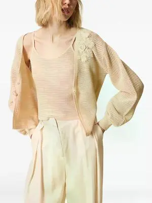 TWINSET Mesh Stitch Cardigan And Top With Floral Appliqu - Neutrals