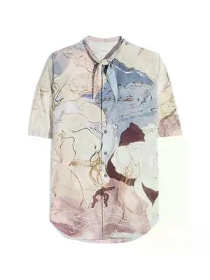 LEMAIRE Short Sleeve Shirt With Integrated Scarf Collar In Aquarel Print Cotton - Neutrals