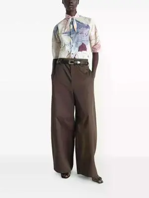 LEMAIRE Short Sleeve Shirt With Integrated Scarf Collar In Aquarel Print Cotton - Neutrals