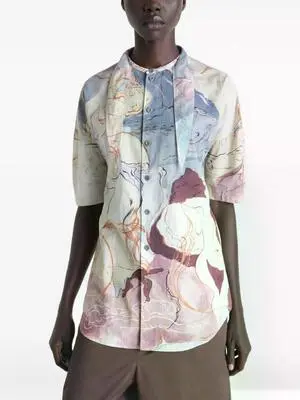 LEMAIRE Short Sleeve Shirt With Integrated Scarf Collar In Aquarel Print Cotton - Neutrals