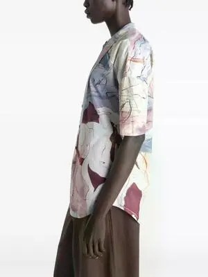 LEMAIRE Short Sleeve Shirt With Integrated Scarf Collar In Aquarel Print Cotton - Neutrals