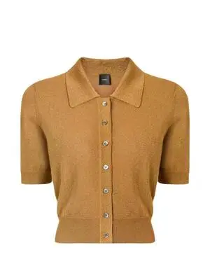 Pinko Cropped Short-sleeved Cardigan With Collar And Radiant Yarn - Neutrals