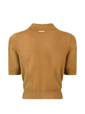 Pinko Cropped Short-sleeved Cardigan With Collar And Radiant Yarn - Neutrals