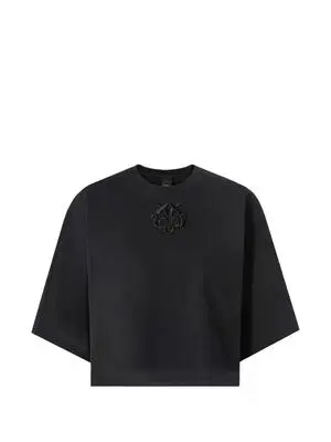 Pinko Cropped T-shirt With Love Birds Embroidery - Black