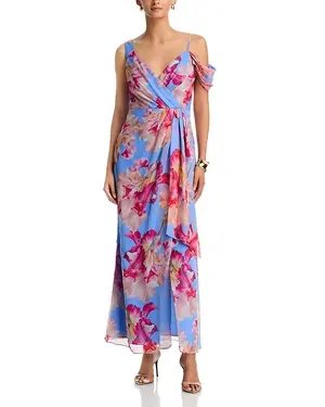 Aqua Floral Satin Burnout Maxi Dress - Blue Multi