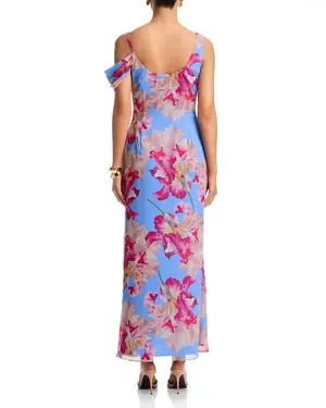 Aqua Floral Satin Burnout Maxi Dress