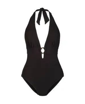CHANGE OF SCENERY Gabrielle Ring Halter Textured One-piece Swimsuit - Black Texture