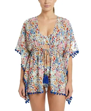 CHANGE OF SCENERY Audrey Short Drawstring Caftan Cover-up - Wildflower Patch