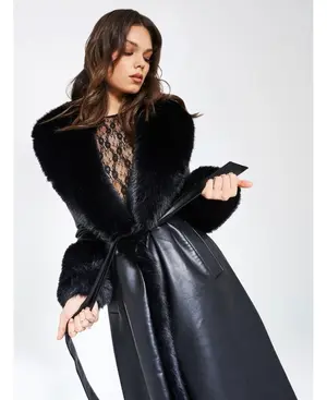 MISS CIRCLE NEW YORK Faux Leather Coat With Faux Fur Trim