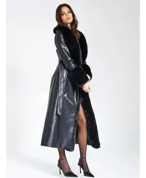 MISS CIRCLE NEW YORK Faux Leather Coat With Faux Fur Trim