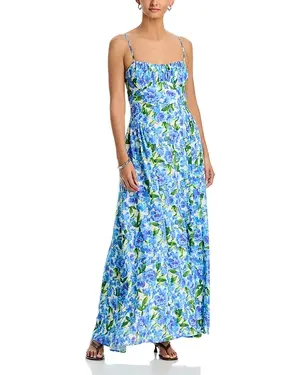 Aqua Floral Gathered Bust Maxi Dress