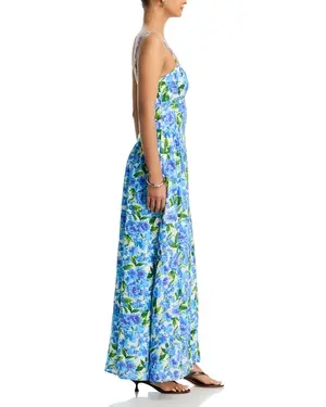 Aqua Floral Gathered Bust Maxi Dress