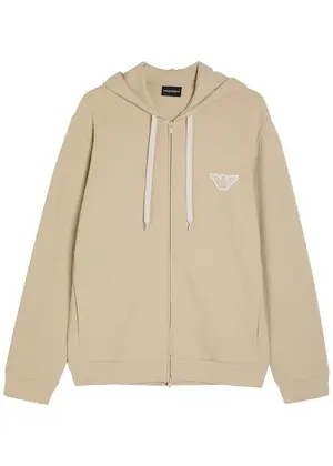 Emporio Armani Hooded Zip-Through Piqué Cotton-Blend Sweatshirt - Beige