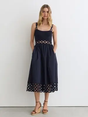 REISS Rib-knit Woven Mix Cut-out Midi Dress - Navy