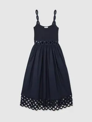 REISS Rib-knit Woven Mix Cut-out Midi Dress - Navy