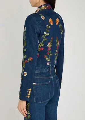 Alice + Olivia Floral-embroidered Stretch-denim Jacket