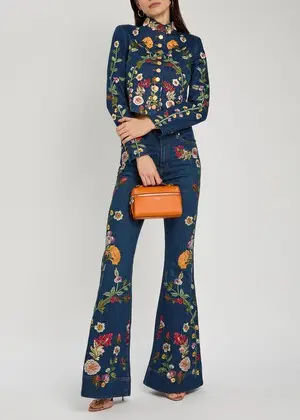 Alice + Olivia Floral-embroidered Stretch-denim Jacket