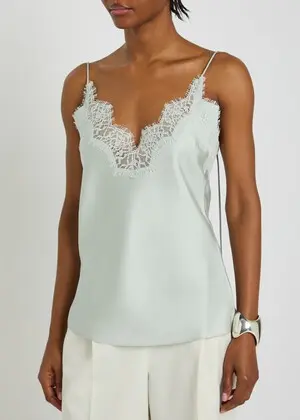 RÓHE Silk Camisole Top With Lace Trim - Light Blue