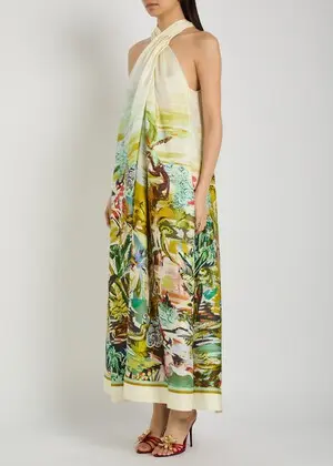 ALEMAIS Jungle Boogie Printed Halterneck Silk Maxi Dress