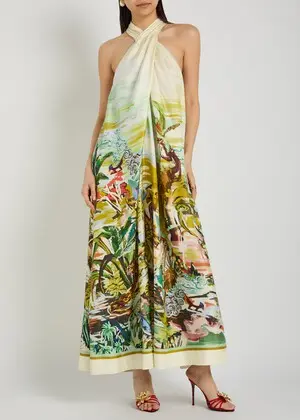 ALEMAIS Jungle Boogie Printed Halterneck Silk Maxi Dress